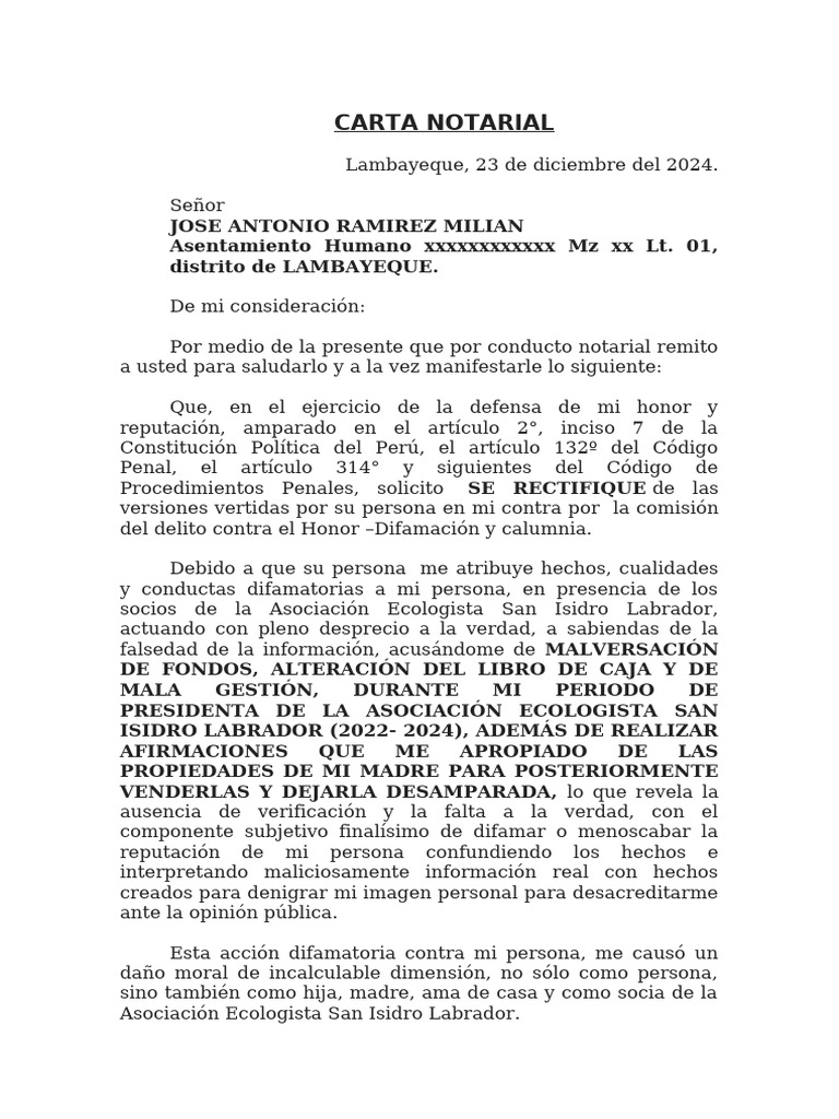 Carta Notarial Por Difamacion y Calumnia | PDF | Justicia | Crimen y violencia