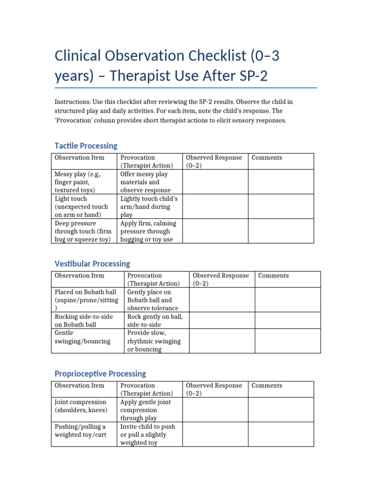 Clinical Observation Checklist 0-3 With Provocations | PDF | Toys ...