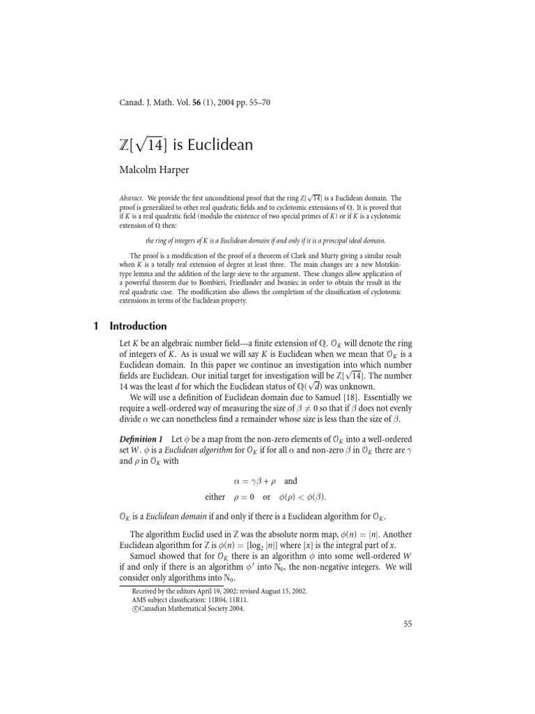 Harper - Z (SQRT (14) ) Is Euclidean - 2004 | PDF | Field (Mathematics ...