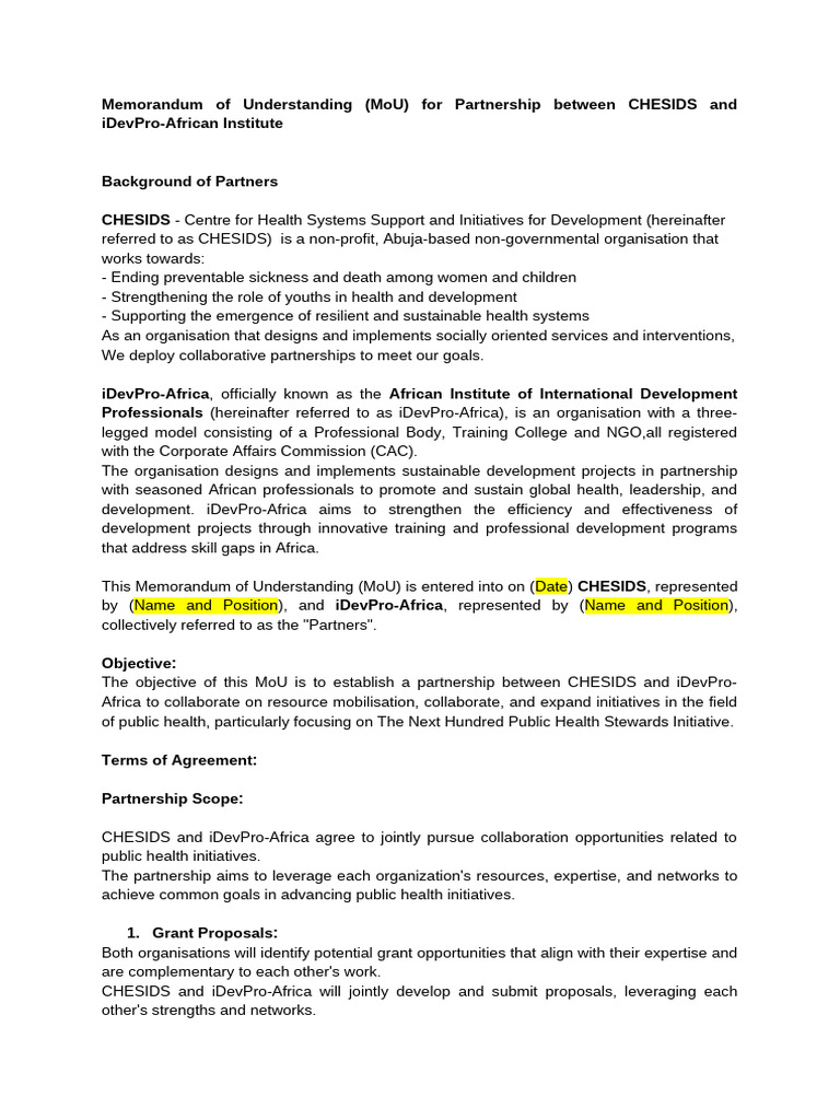CHESIDS-iDevPro Partnership MoU | PDF | Non Governmental Organization ...
