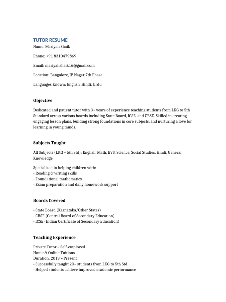 Mariyah S Tutor Resume | PDF