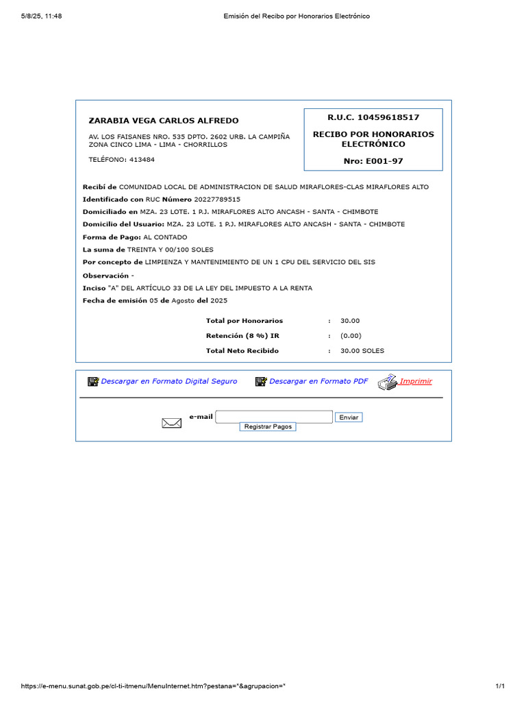 Zarabia Vega Carlos Alfredo R.U.C. 10459618517 Recibo Por Honorarios Electrónico Nro: E001-97 | PDF