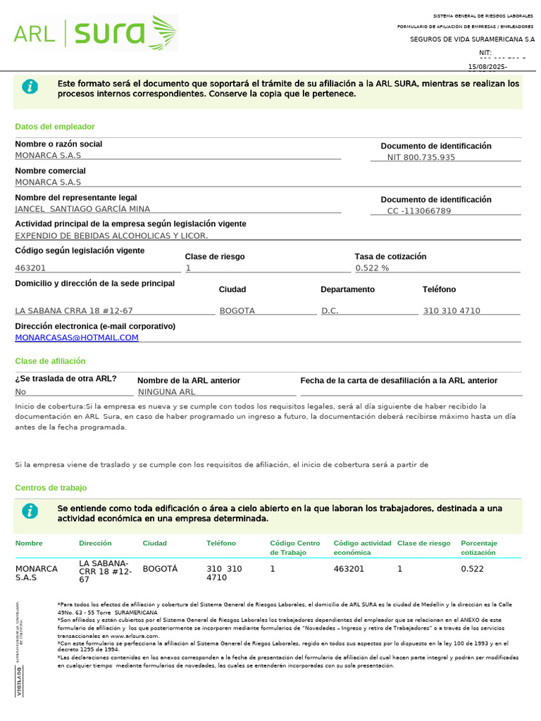 Formulario Afiliacion Arl Sura PDF OFFICIAL | PDF | Derecho laboral