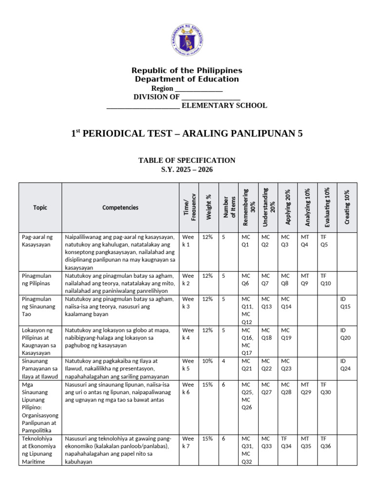 DTC PT AP 5 q1 Matatag Tos Key | PDF