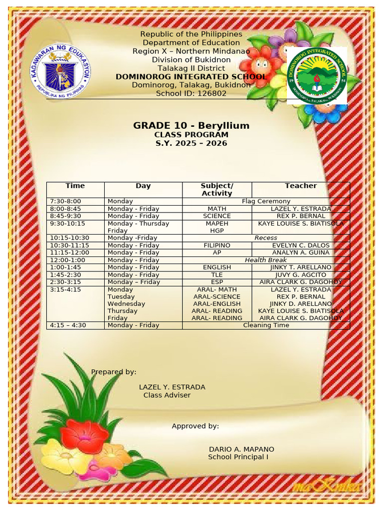 Grade 10 Beryllium Class Program 2025-2026 | PDF