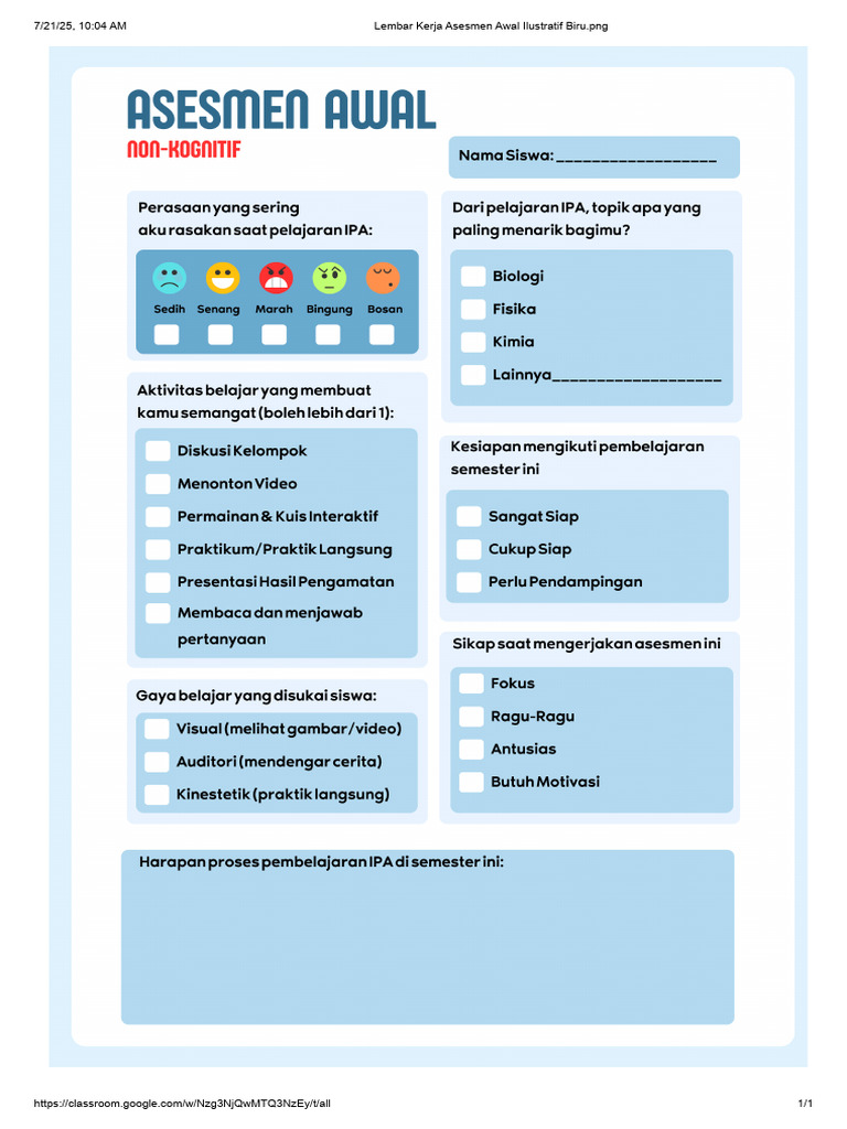 Lembar Kerja Asesmen Awal Ilustratif Biru - PNG | PDF