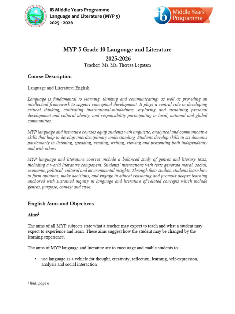 MYP 5 English Language Curriculum 2025-2026 | PDF | Educational ...