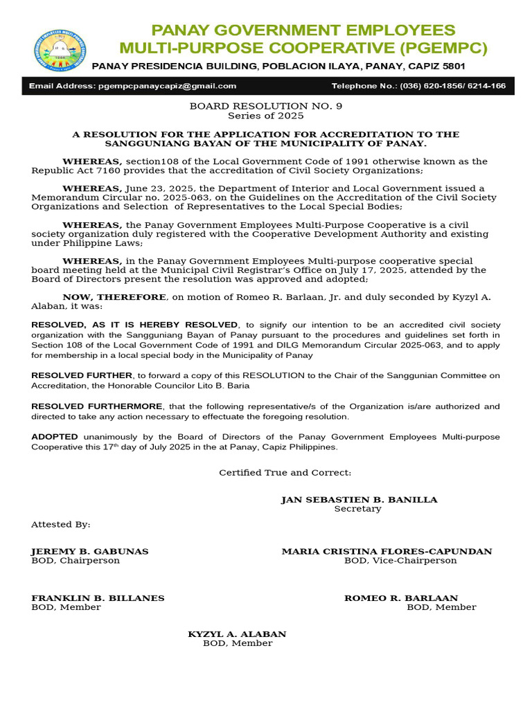 Accreditation Resolution for Panay Cooperative | PDF | Governance ...