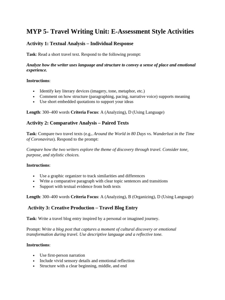 MYP 5 2025 - Travel Writing Tasks | PDF | Word | Narrative