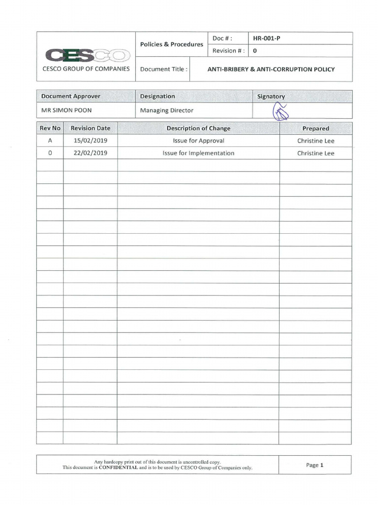 HR-001-P Rev 0 Anti-Bribery & Anti-Corruption Policy | PDF | Bribery ...