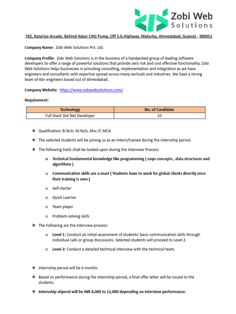 Zobi Web Solutions - Campus Hiring | PDF