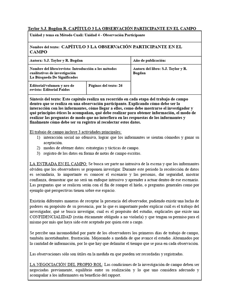Taylor S.J. Bogdan R. CAPÍTULO 3 LA OBSERVACIÓN PARTICIPANTE EN EL CAMPO | PDF | Comunicación no ...