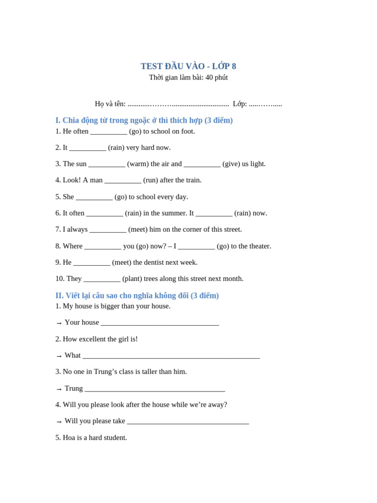 Test Dau Vao Lop 8 | PDF