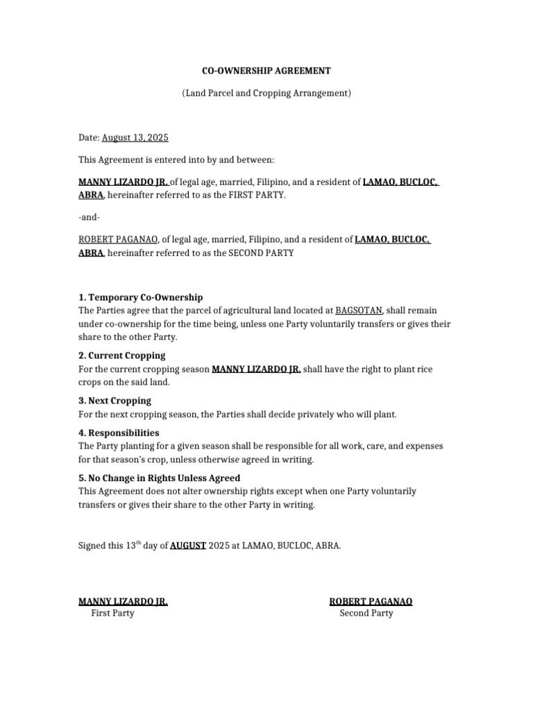 Co-Ownership Agreement for Land Use | PDF