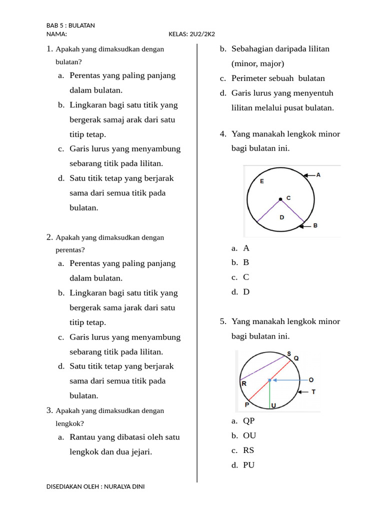 Soalan Math Alya Dini t2 Bulatan | PDF
