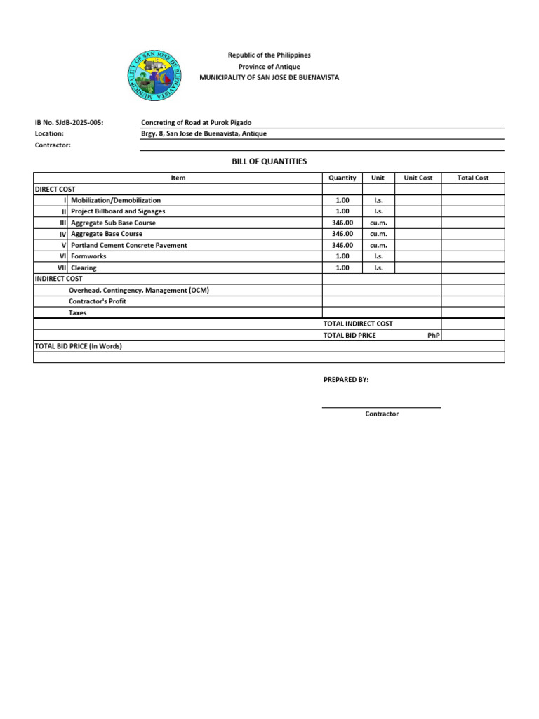 Bill of Quantities - IB No. SJdB-2025-005 Concreting of Road at Purok ...
