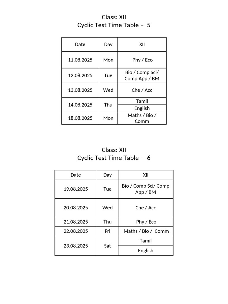 Cyclic Test Time Table - 5, 6 | PDF