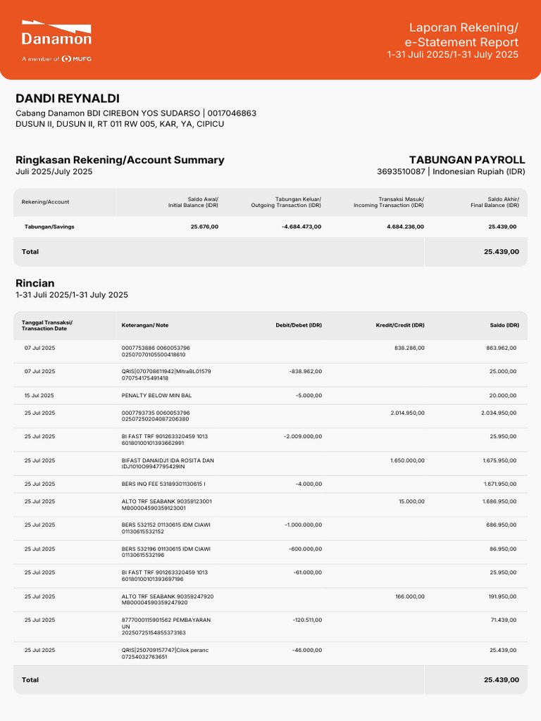 Bdi Estatement 3693510087 Jul2025 | PDF | Indonesian Rupiah | Foreign Exchange Market