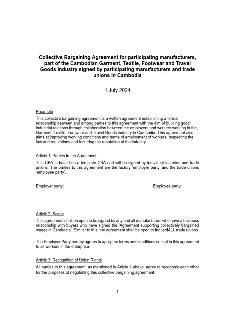 2024 - 2026 - Cambodia CBA Template - EN | PDF | Collective Agreement | Labour Law