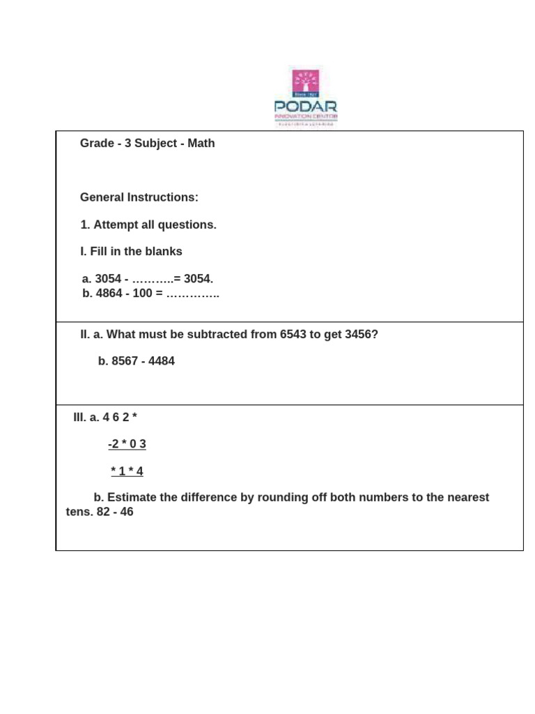 Grade 3 Math Weekly Test June | PDF