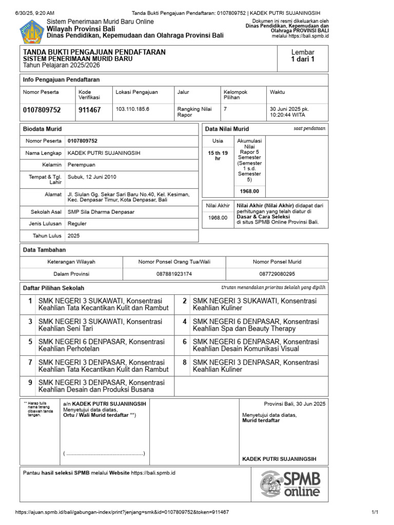 Tanda Bukti Pengajuan Pendaftaran - 0107809752 - KADEK PUTRI SUJANINGSIH | PDF