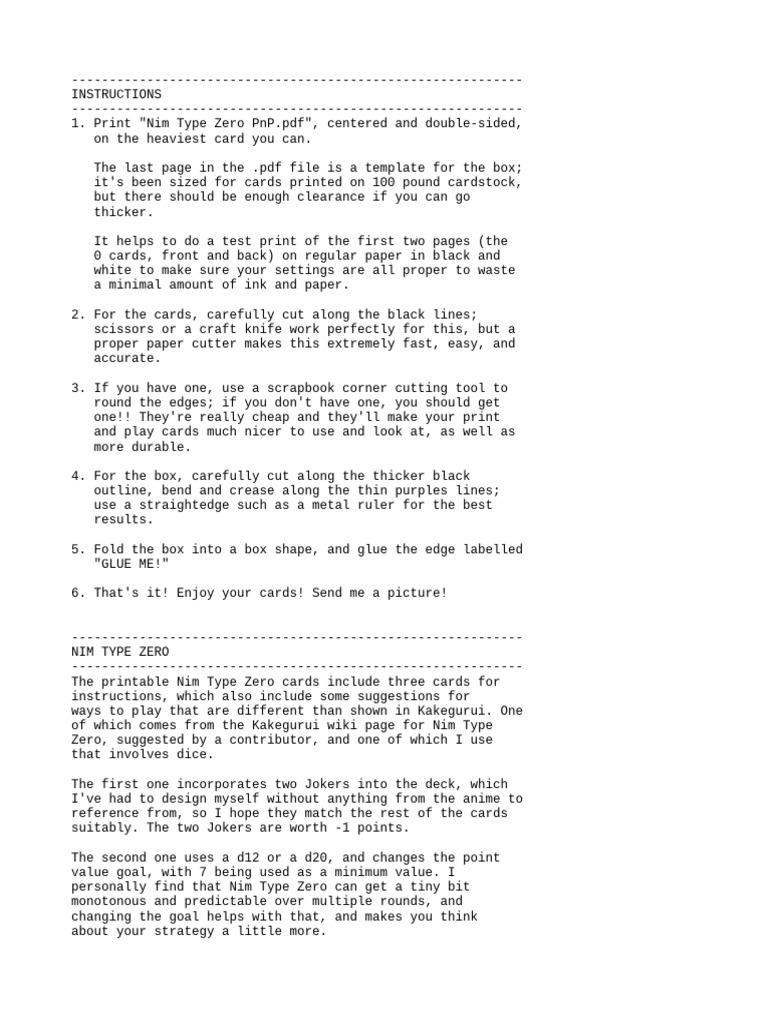 Nim Type Zero Card Game Instructions | PDF | Playing Cards | Games Of ...