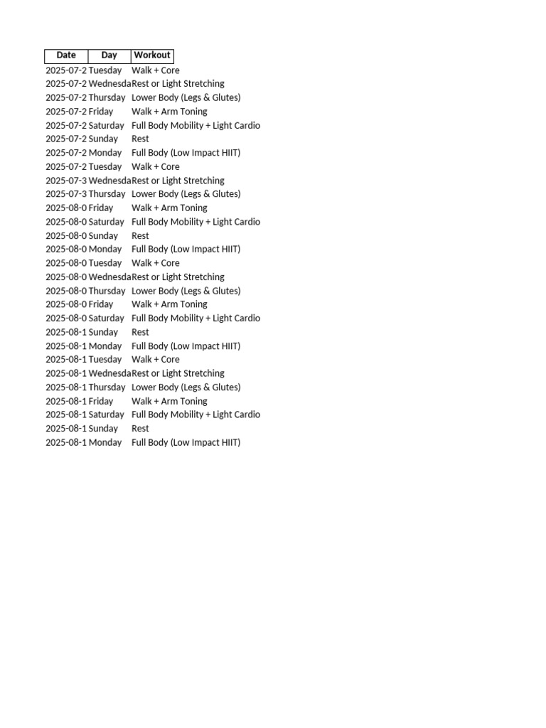 Beginner 4 Week Workout Calendar | PDF