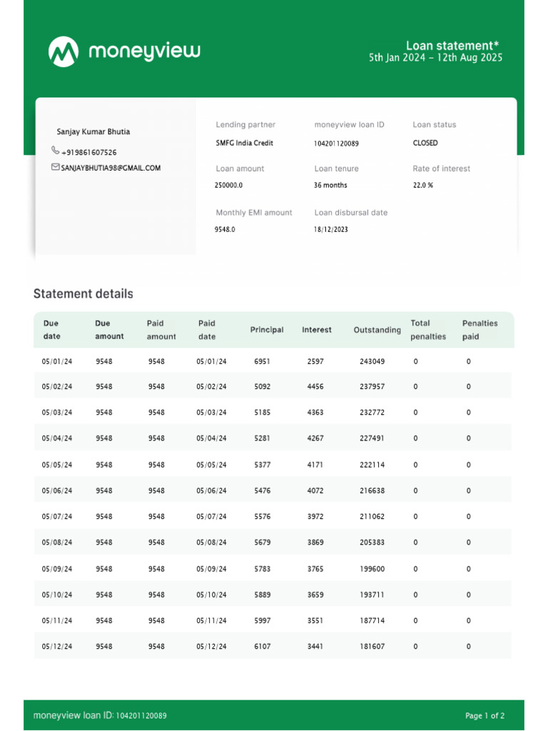 SMFG Loan Statement Overview | PDF