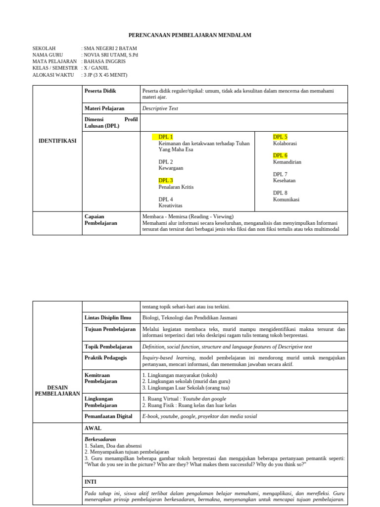 Contoh RPM Bahasa Inggris SMA | PDF