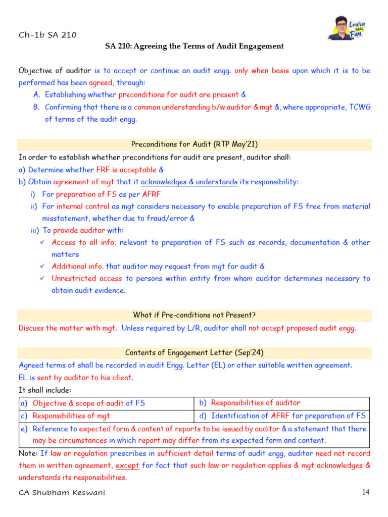 SA 210: Agreeing The Terms of Audit Engagement | PDF | Audit | Justice