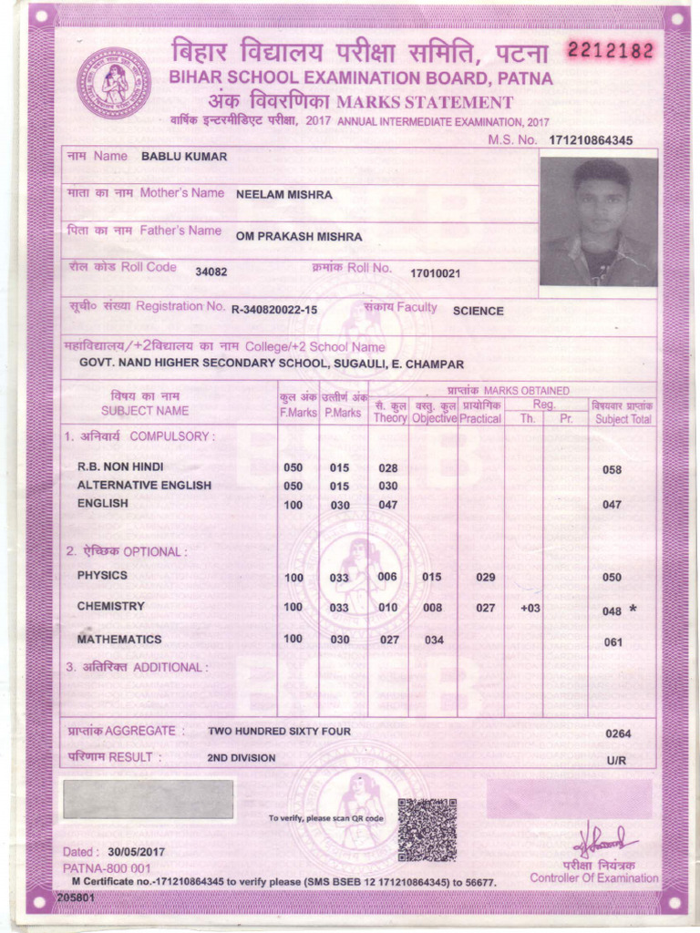 Marksheet 12th | PDF