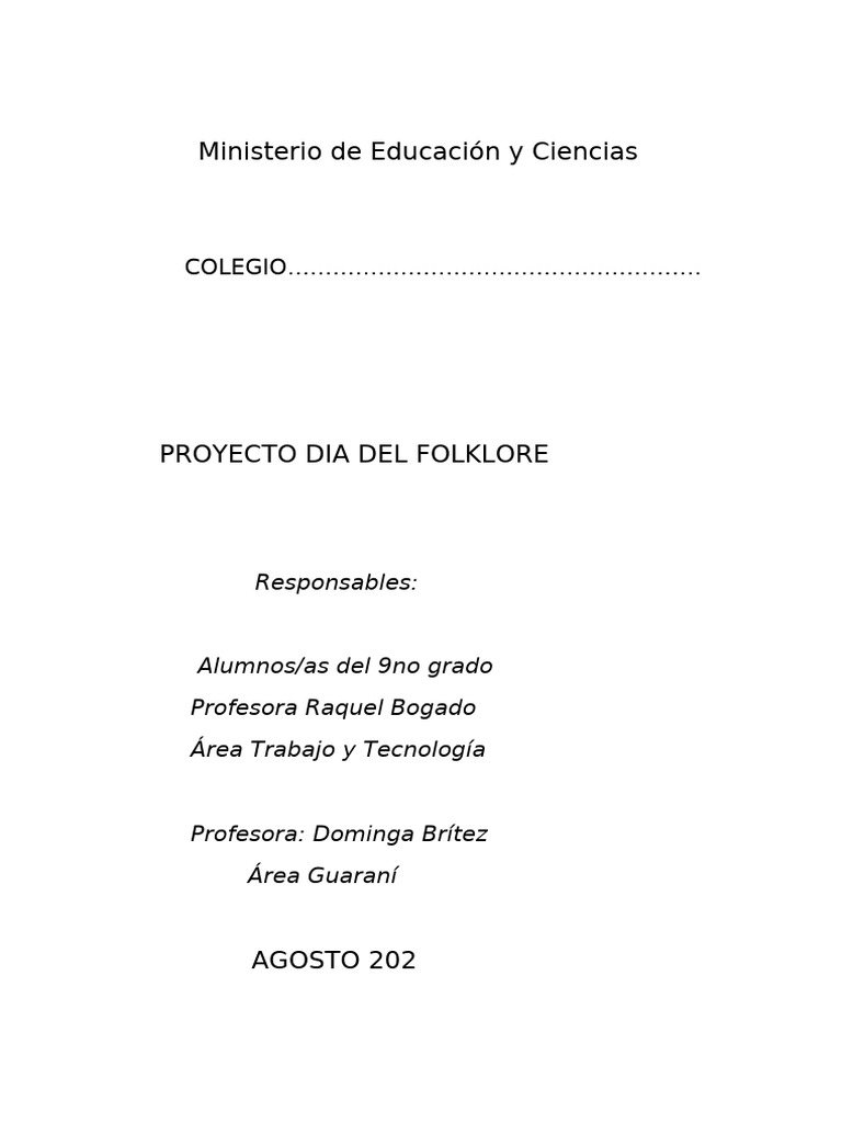 Proyecto Dia Del Folklore 9no Grado | PDF | Folklore
