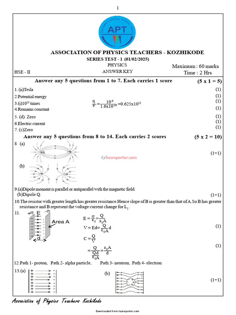 Kozhikode Physics Teachers Exam Answer Key | PDF | Magnetism | Capacitor