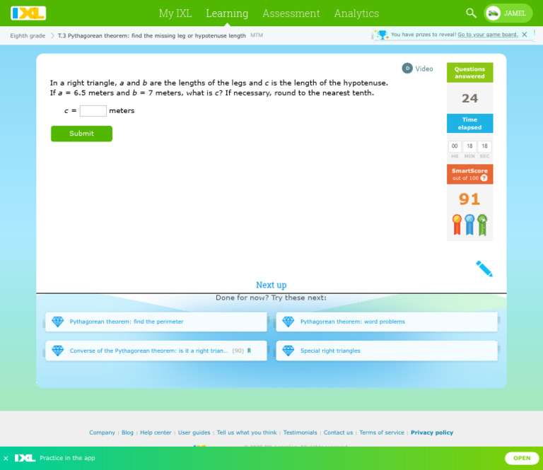 IXL Pythagorean Theorem Find The Missing Leg or Hypotenuse Length 8th Grade Math | PDF ...