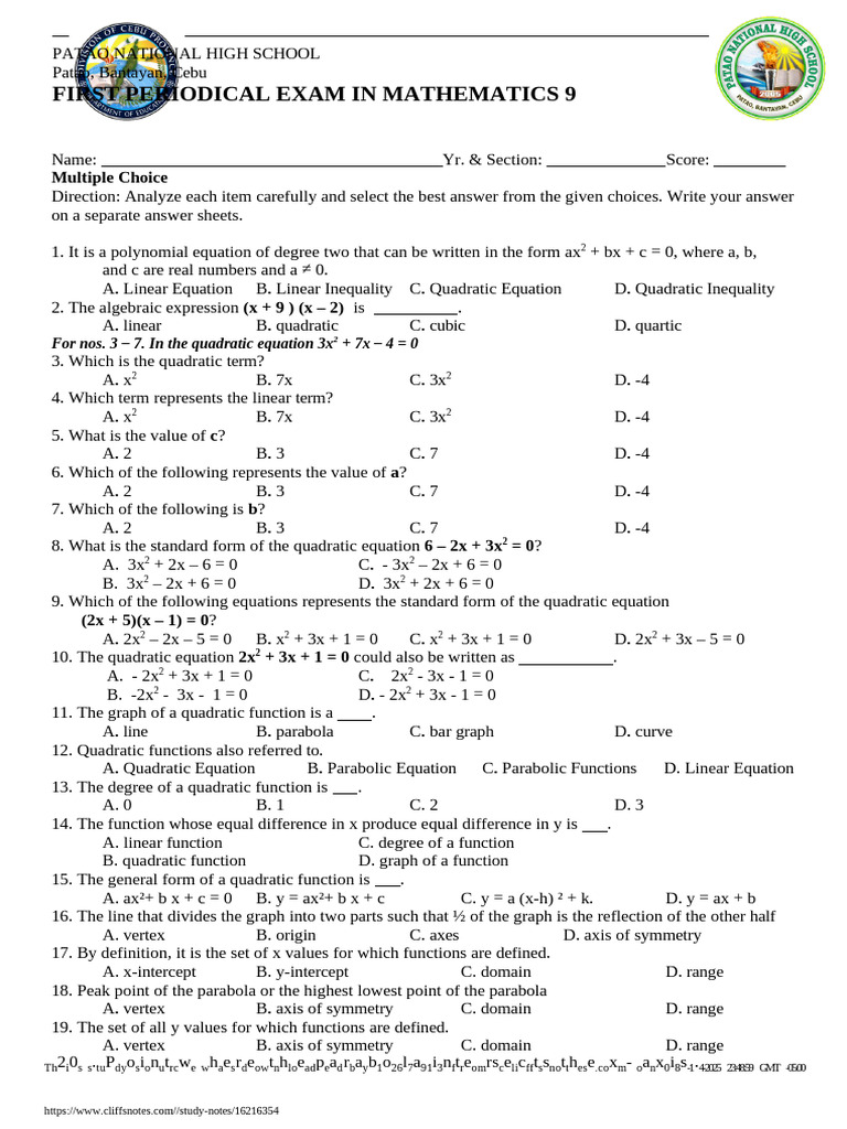 Math 9 First Periodical Test 1 | PDF | Quadratic Equation | Equations