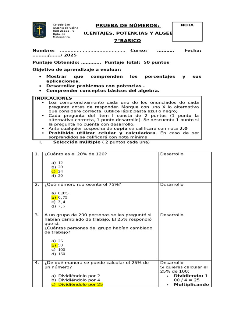 Prueba Septimo Modulo 4,5,6 | PDF | Matemáticas