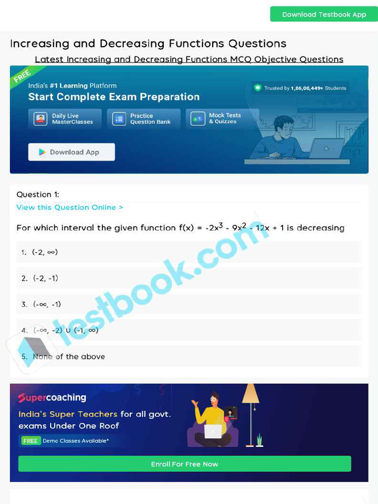 MCQ On Increasing and Decreasing Functions 5eea6a1439140f30f369f15f | PDF