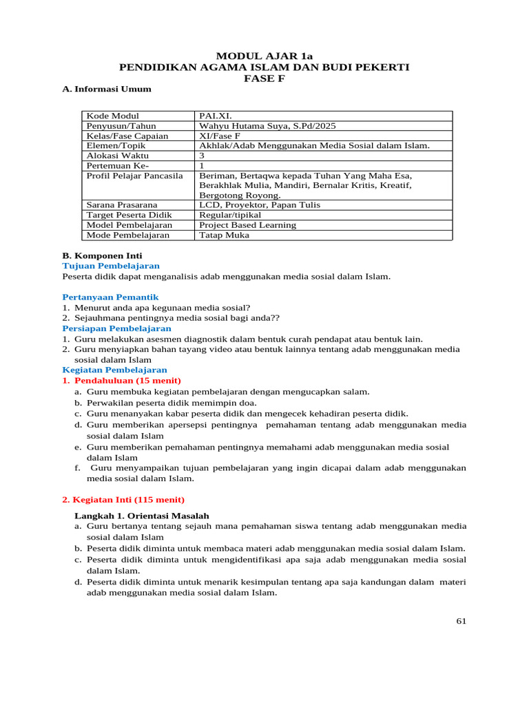8. Modul Ajar Pai Sma Kelas Xi Bab 8 - Adab Menggunakan Media Sosial... | PDF
