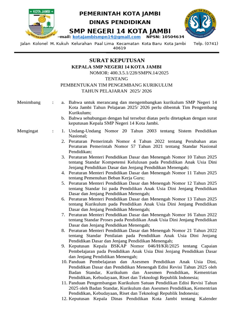 Pembentukan Tim Kurikulum SMP 2025 | PDF