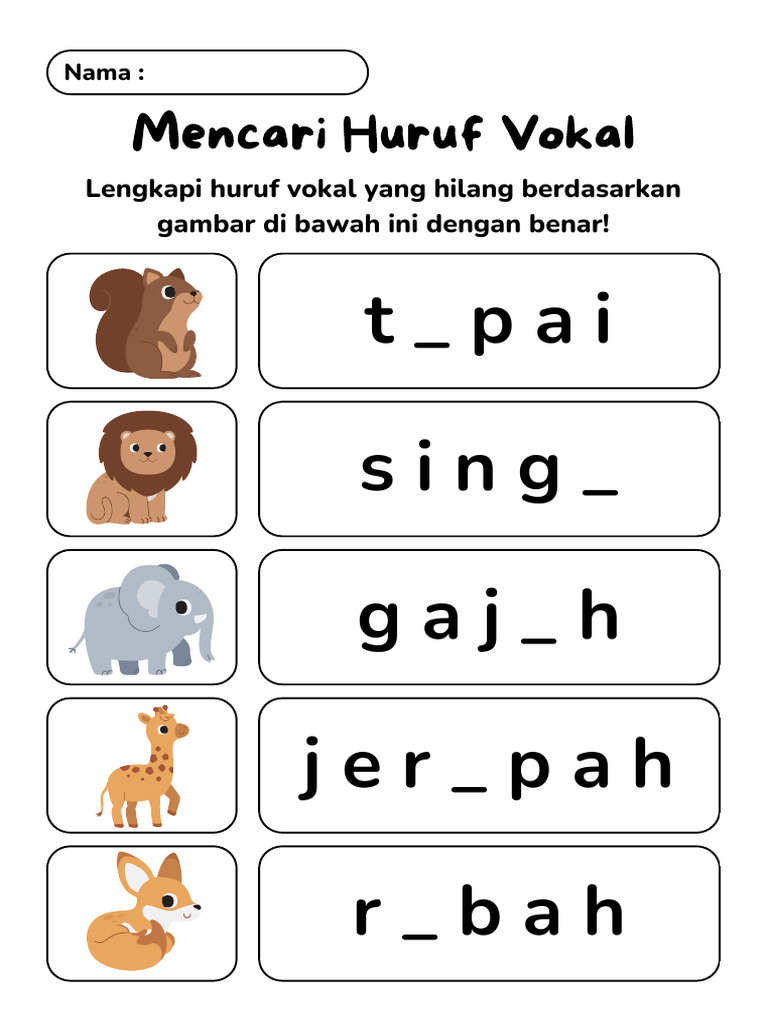 Melengkapi Huruf Vokal Lembar Kerja Bahasa Indonesia Kuning Sederhana Ilustratif | PDF