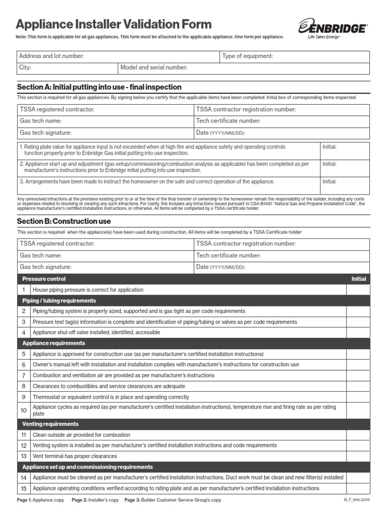 Enbridge Appliance Installer Varification Form | PDF | Pipe (Fluid ...