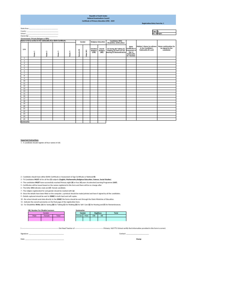 Primary Registration Form - 2025 | PDF