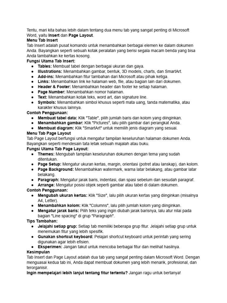 Panduan Tab Insert dan Page Layout Word | PDF