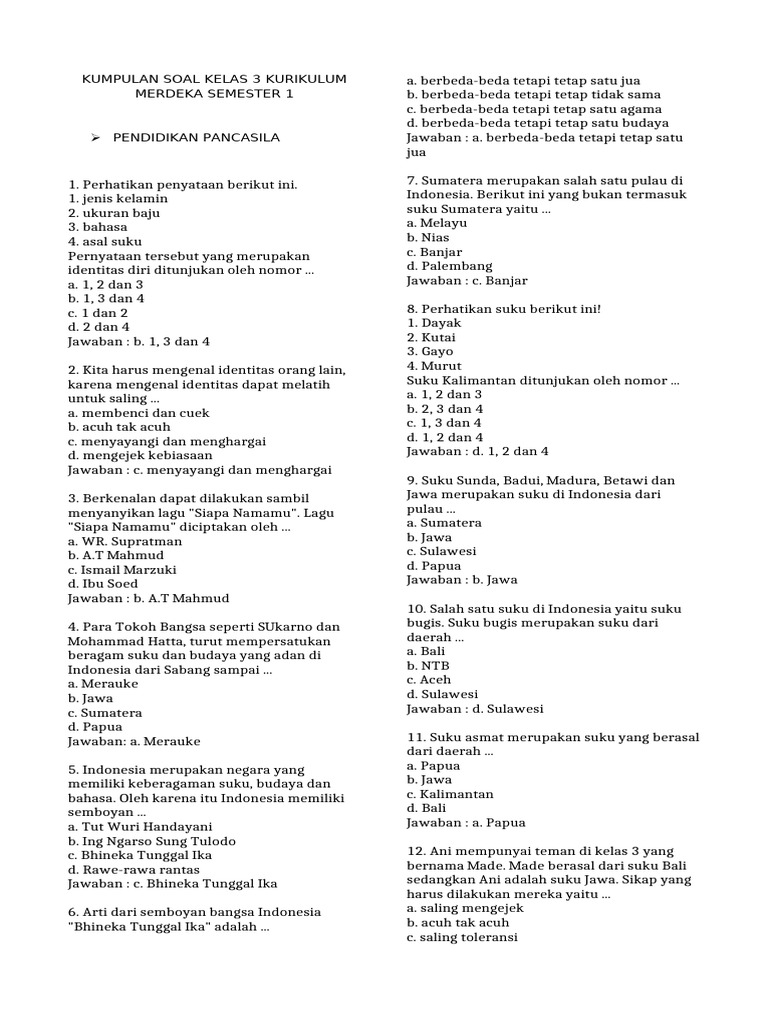 Kumpulan Soal Kelas 3 Kurikulum Merdeka Semester 1 | PDF