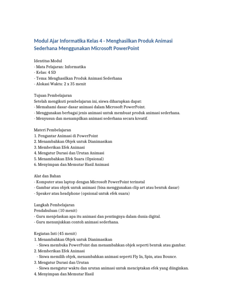 Modul Ajar Informatika Kelas 4 Animasi Sederhana | PDF