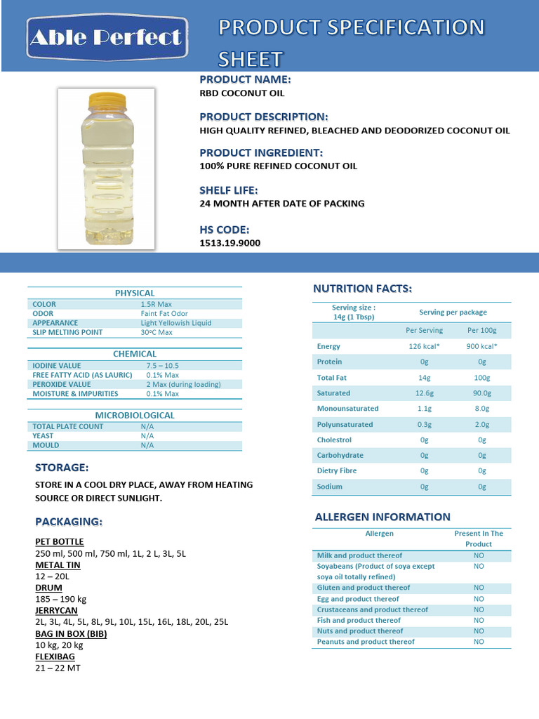 RBD Coconut Oil Specifications and HS Code | PDF | Coconut Oil | Fat