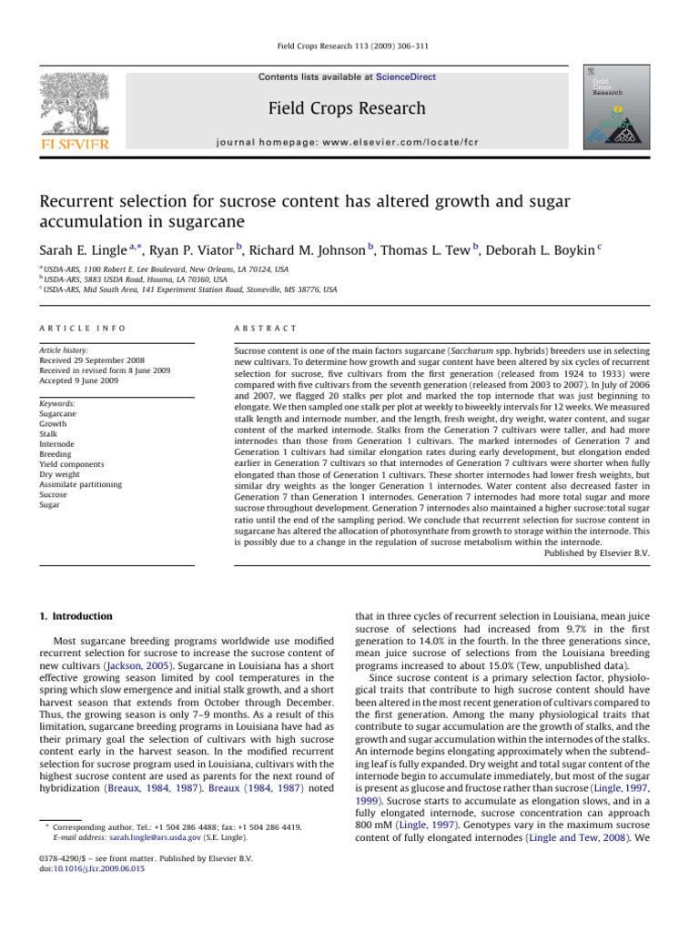 Recurrent Selection For Sucrose Content Has Altered Growth 2009 Field ...