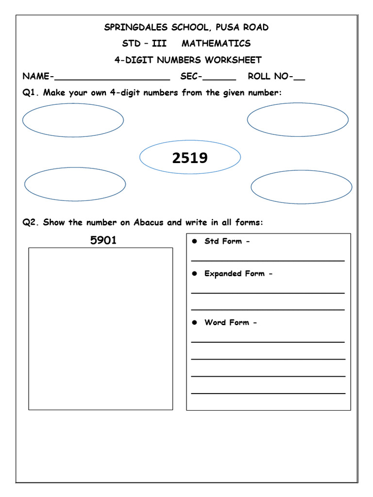 4-Digit Numbers Worksheet for Grade 3 | PDF | Mathematics