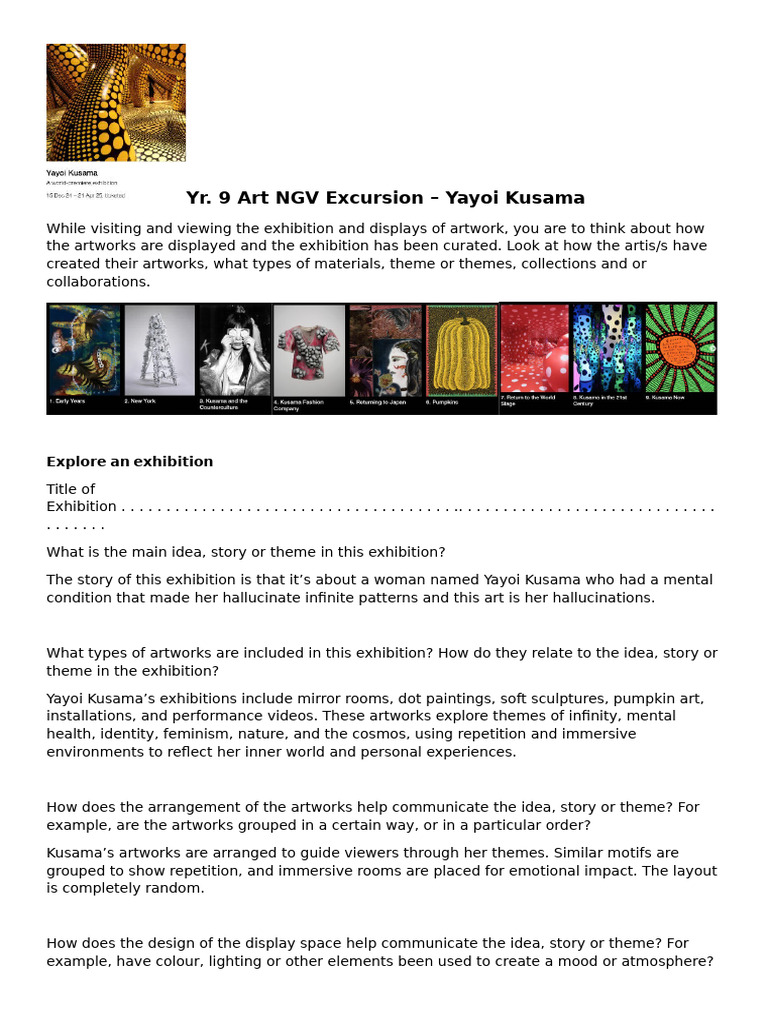 Yr9 Yayoi Excursion Task Sheet | PDF | The Arts