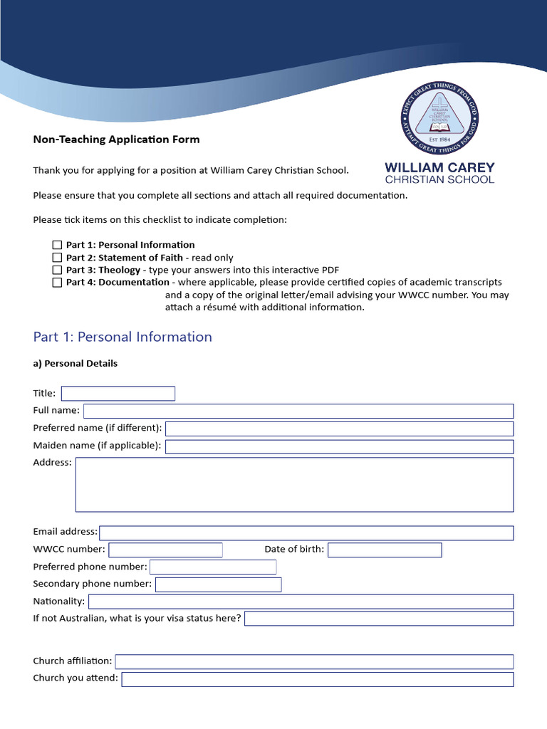 Willam Carey Christian School Non-Teaching Application Form | PDF ...